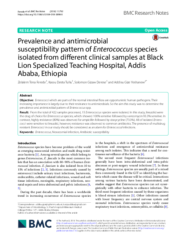 Pdf Prevalence And Antimicrobial Susceptibility Pattern Of Enterococcus Species Isolated From