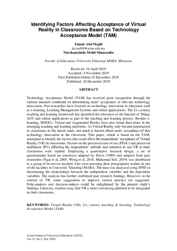 (PDF) Identifying Factors Affecting Acceptance of Virtual Reality in ...