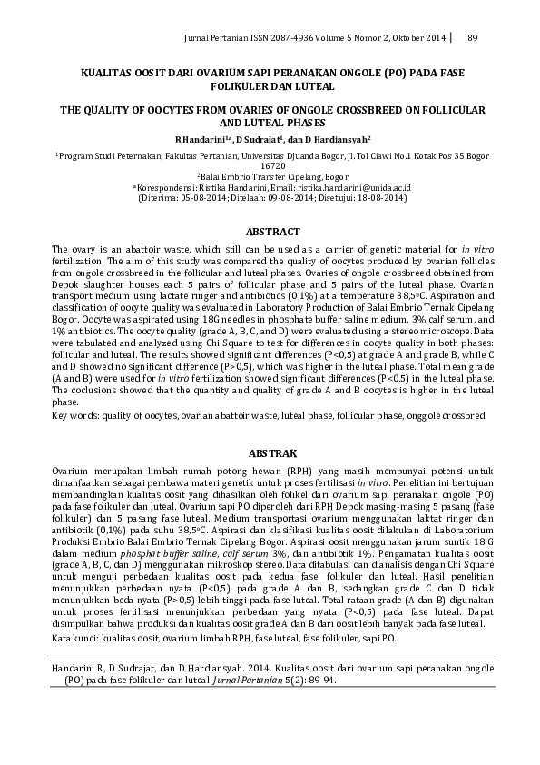 (PDF) Kualitas Oosit Dari Ovarium Sapi Peranakan Ongole (Po) Pada Fase ...
