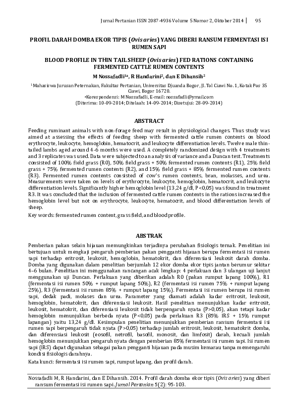 (PDF) PROFIL DARAH DOMBA EKOR TIPIS (Ovis aries) YANG DIBERI RANSUM ...