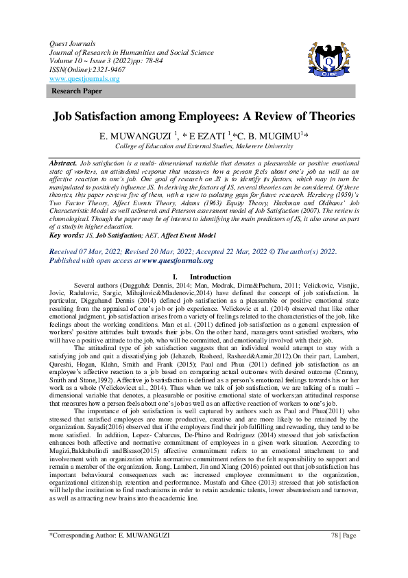 (PDF) Job Satisfaction among Employees: A Review of Theories