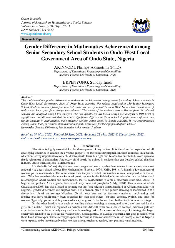 (PDF) Gender Difference in Mathematics Achievement among Senior ...