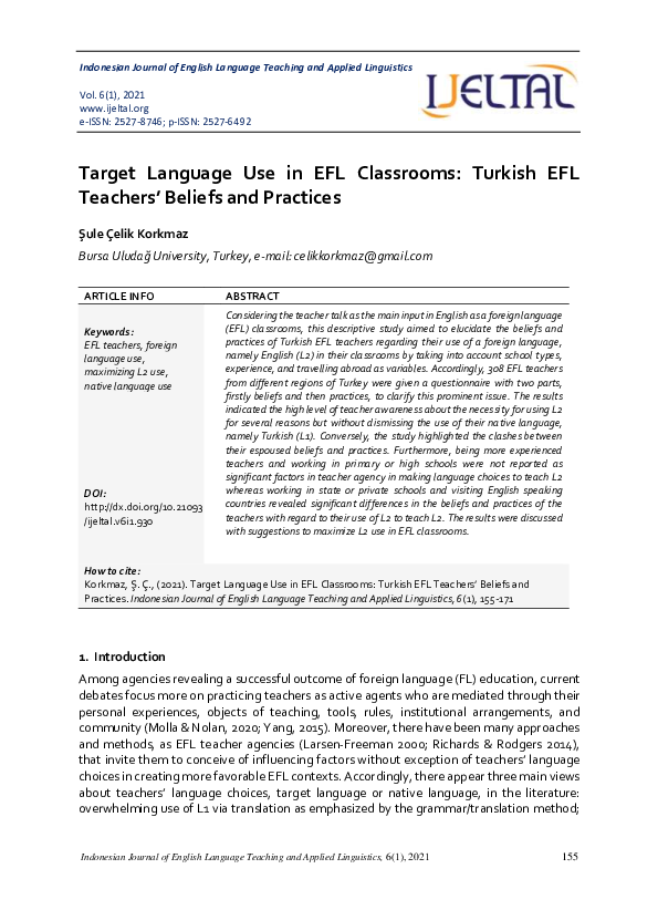 PDF Target Language Use In EFL Classrooms Turkish EFL Teachers PDF Target Language Use In EFL Classrooms Turkish EFL Teachers
