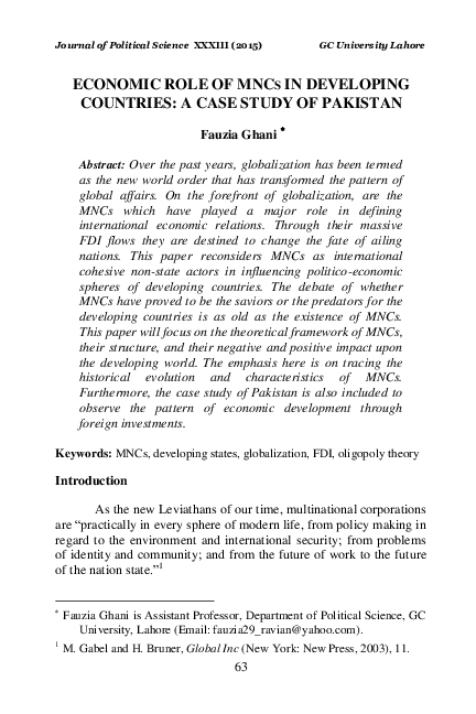 (PDF) Economic Role of MNC S in Developing Countries : A Case Study of ...