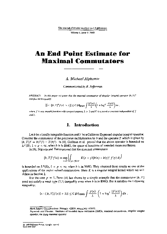 Pdf An End Point Estimate For Maximal Commutators Michael Alphonse