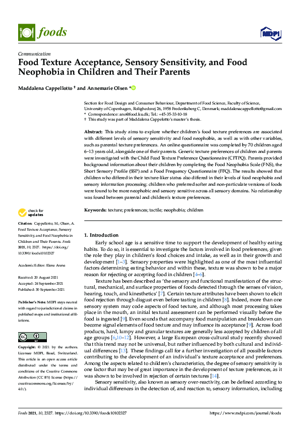 (PDF) Food Texture Acceptance, Sensory Sensitivity, and Food Neophobia ...