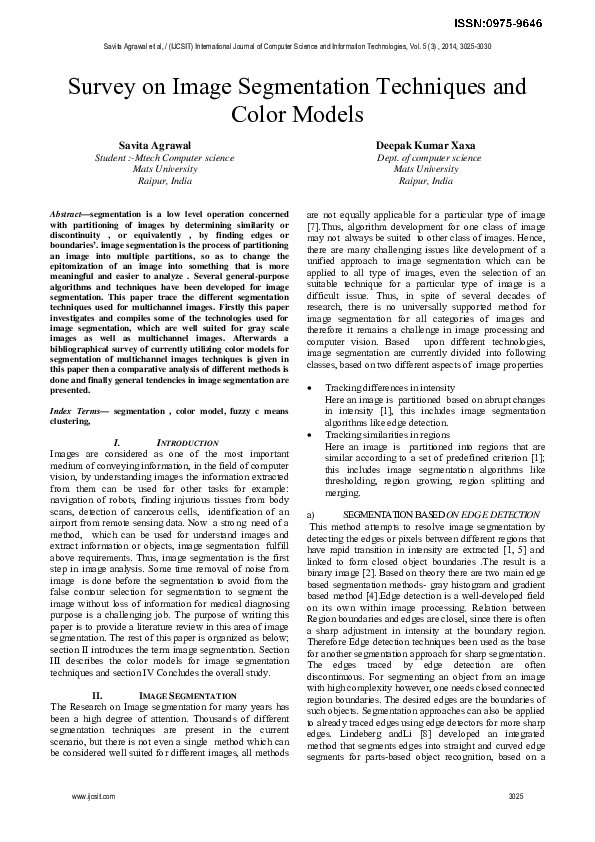(PDF) Survey on Image Segmentation Techniques and Color Models