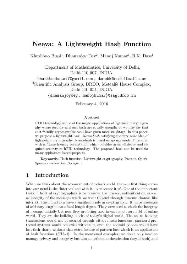 (PDF) Neeva: A Lightweight Hash Function