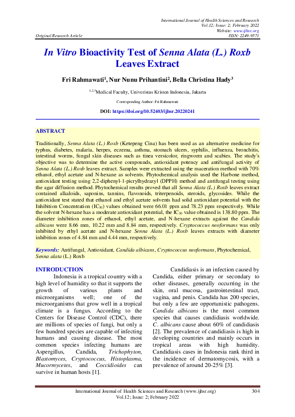 (PDF) In Vitro Bioactivity Test of Senna Alata (L.) Roxb Leaves Extract