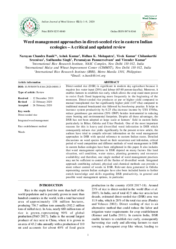 (PDF) Weed Management in Direct-Seeded Rice: Review