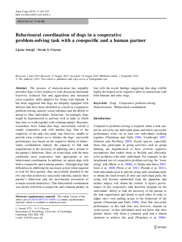(PDF) Behavioural coordination of dogs in a cooperative problem-solving ...