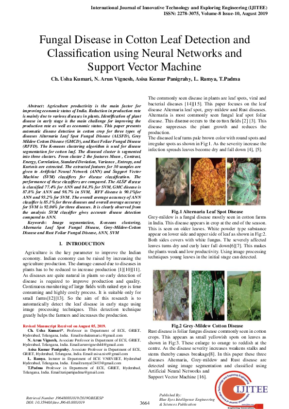 (PDF) Fungal Disease in Cotton Leaf Detection and Classiﬁcation using ...