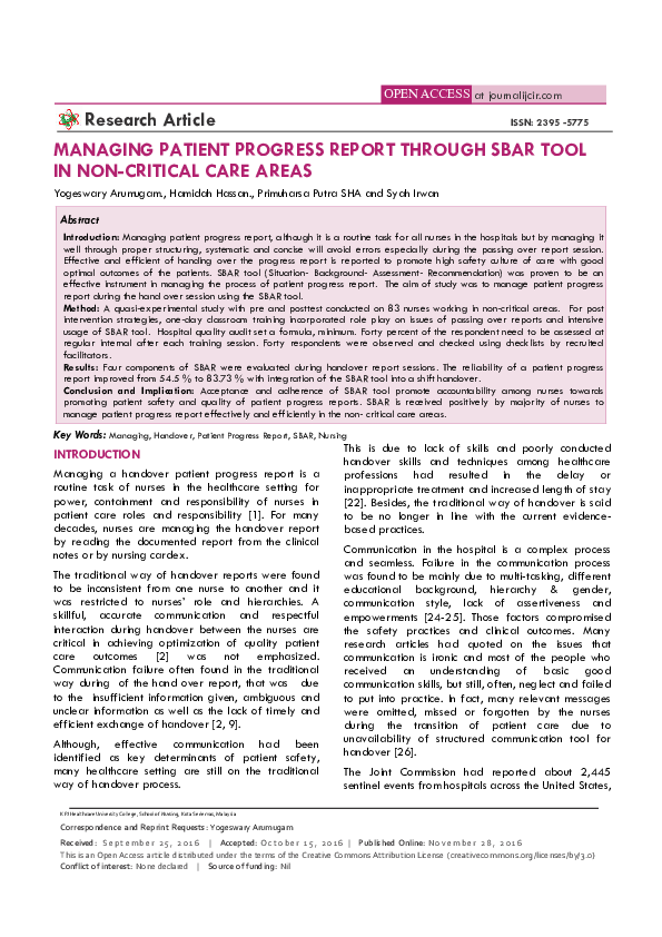 (PDF) Managing Patient Progress Report Through Sbar Tool in Non ...