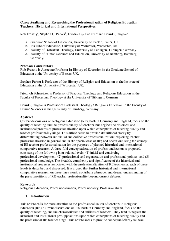 (PDF) Conceptualising and researching the professionalisation of Religious Education teachers ...