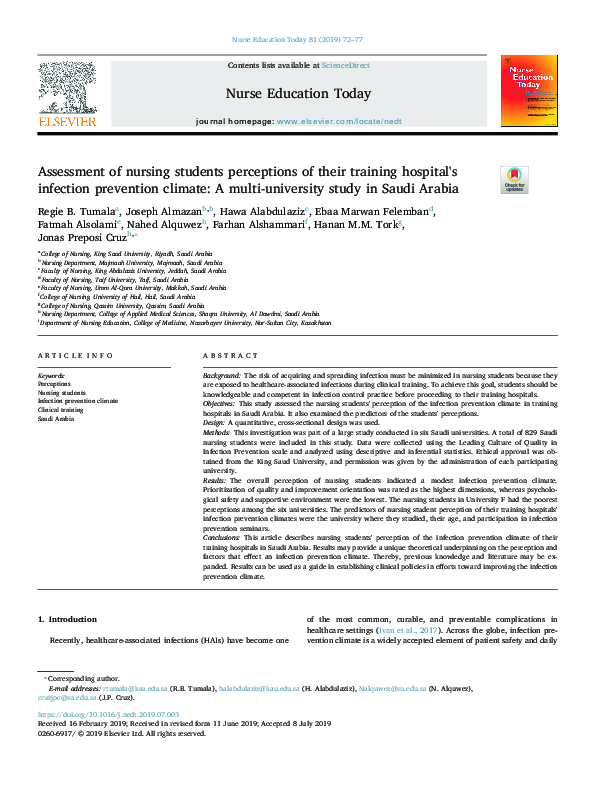 (PDF) Assessment of nursing students perceptions of their training hospital's infection ...