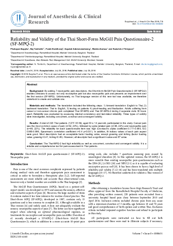 (PDF) Reliability and Validity of the Thai Short-Form McGill Pain Questionnaire-2 (SF-MPQ-2)