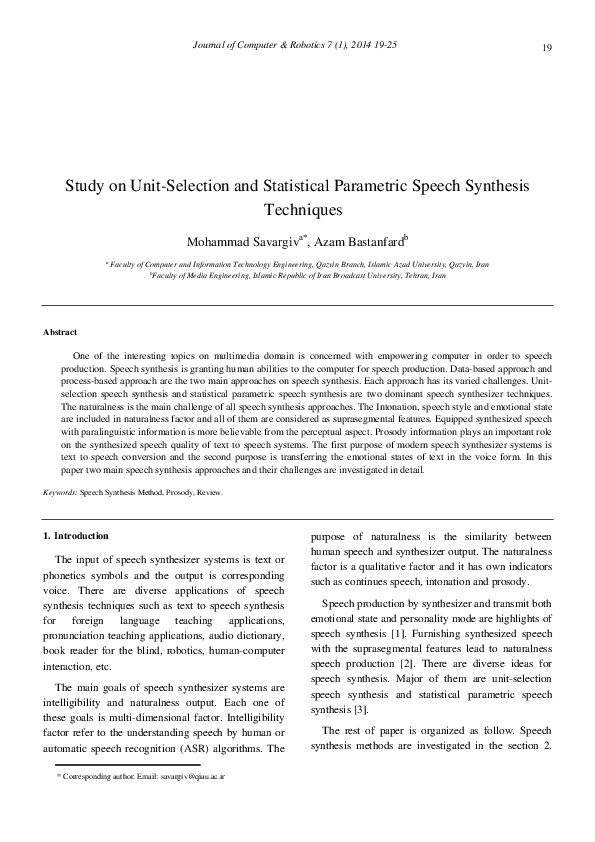 (PDF) Study on Unit-Selection and Statistical Parametric Speech Synthesis Techniques