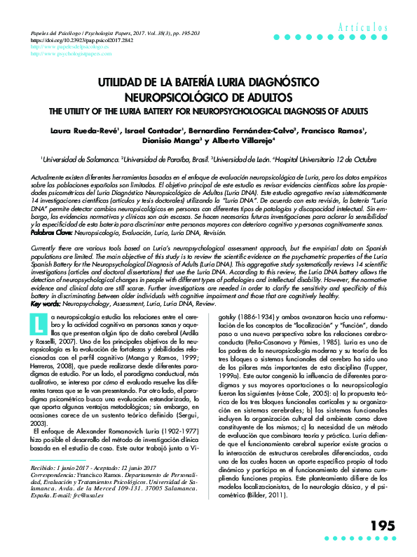 (PDF) The Utility of the Luria Battery for Neuropsychological Diagnosis ...