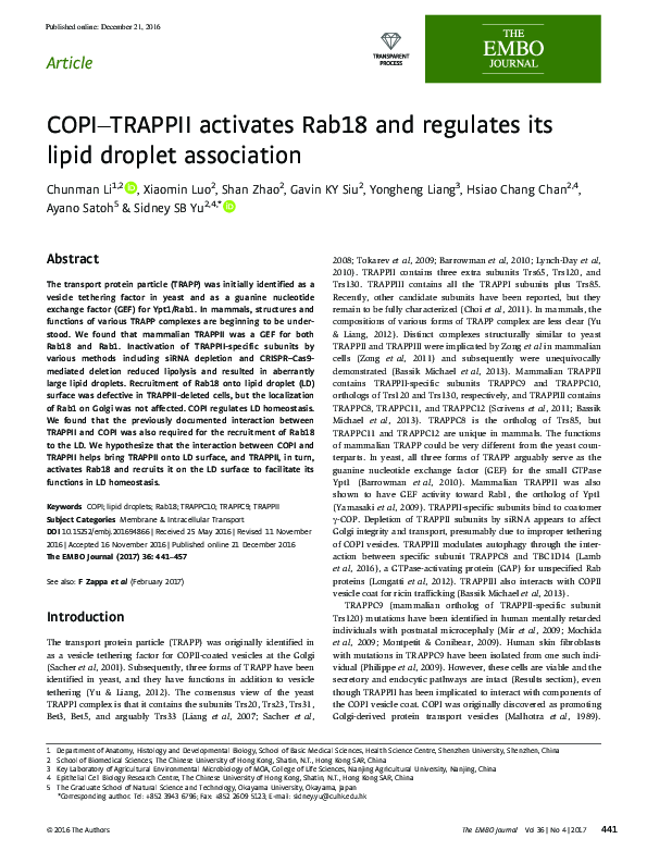 (PDF) COPI-TRAPPII activates Rab18 and regulates its lipid droplet ...