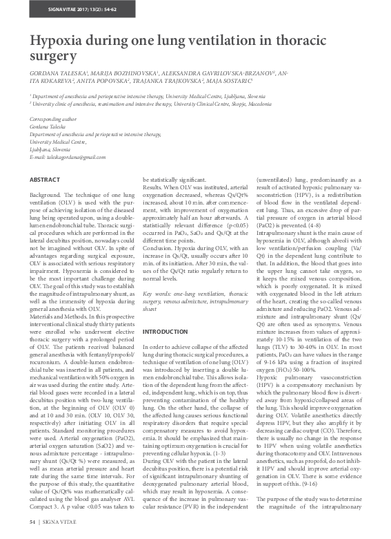 (PDF) Hypoxia during one lung ventilation in thoracic surgery