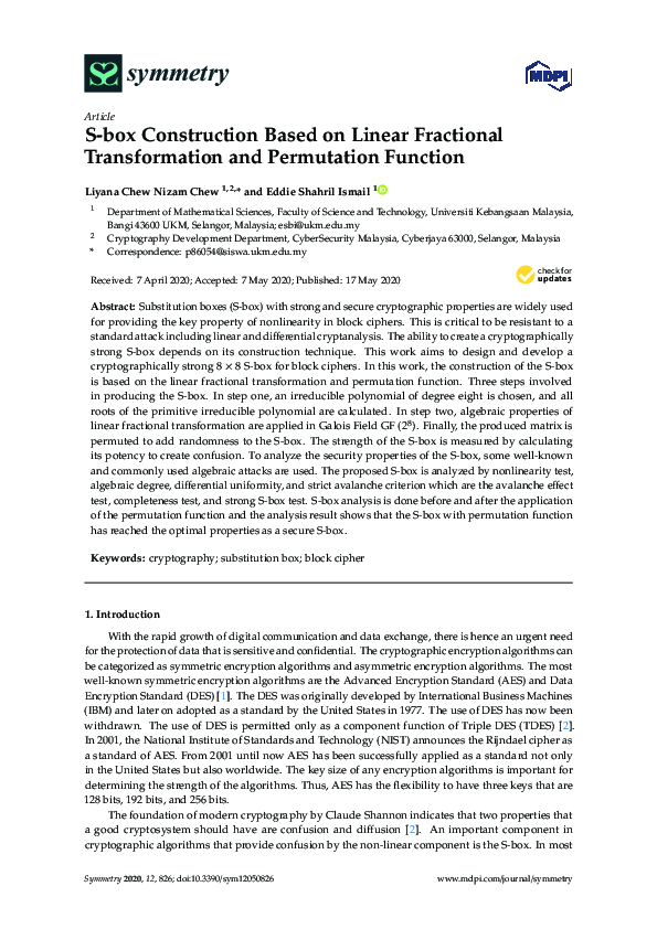 Pdf S Box Construction Based On Linear Fractional Transformation And Permutation Function