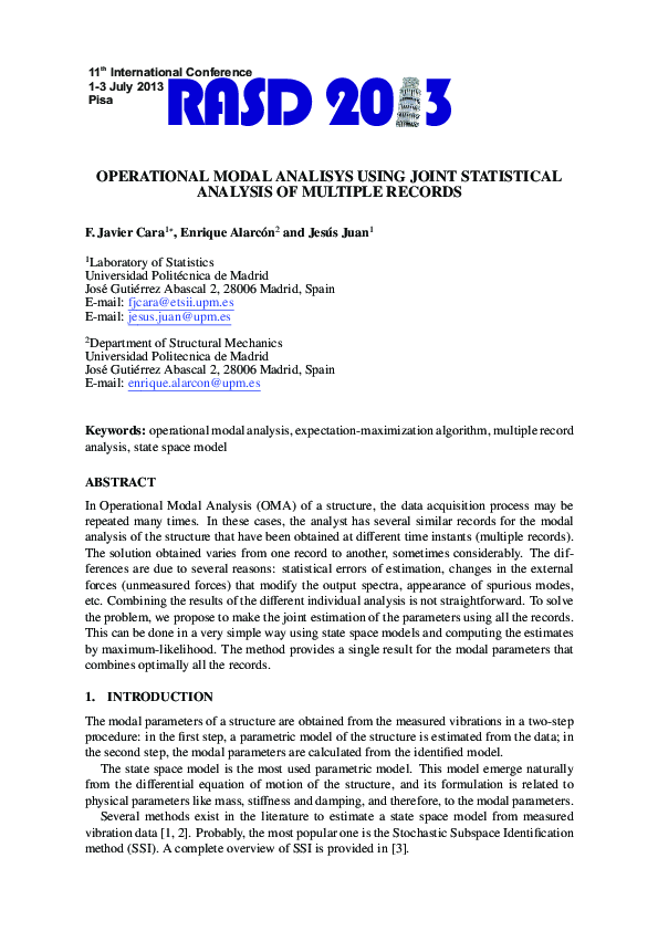 Pdf Operational Modal Analisys Using Joint Statistical Analysis Of Multiple Records