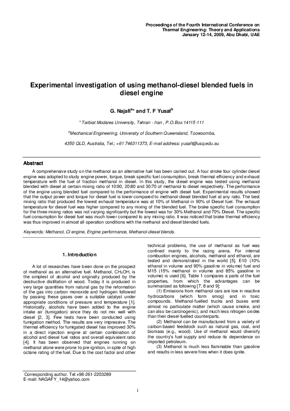Pdf Experimental Investigation Of Using Methanol Diesel Blended Fuels