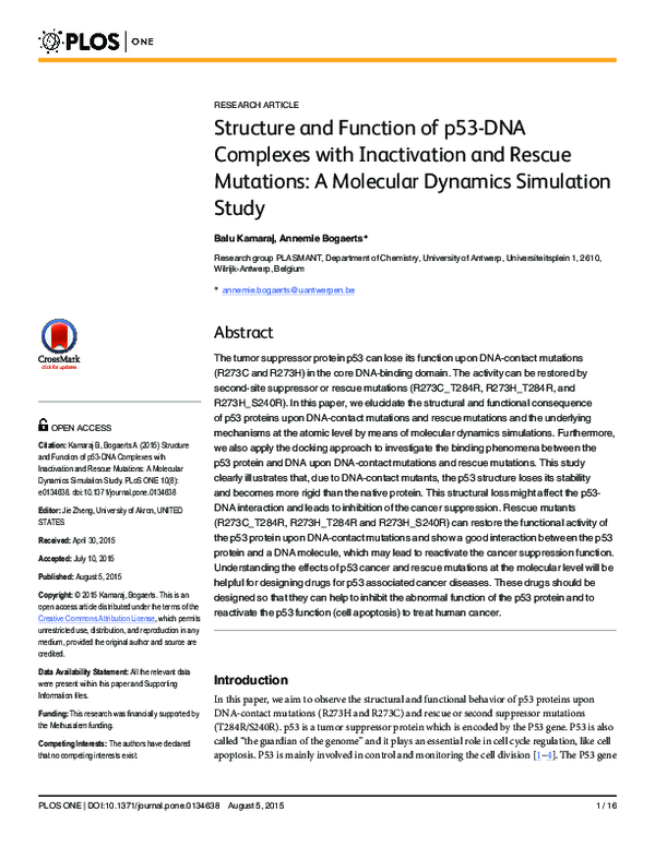 (PDF) Structure and Function of p53-DNA Complexes with Inactivation and ...