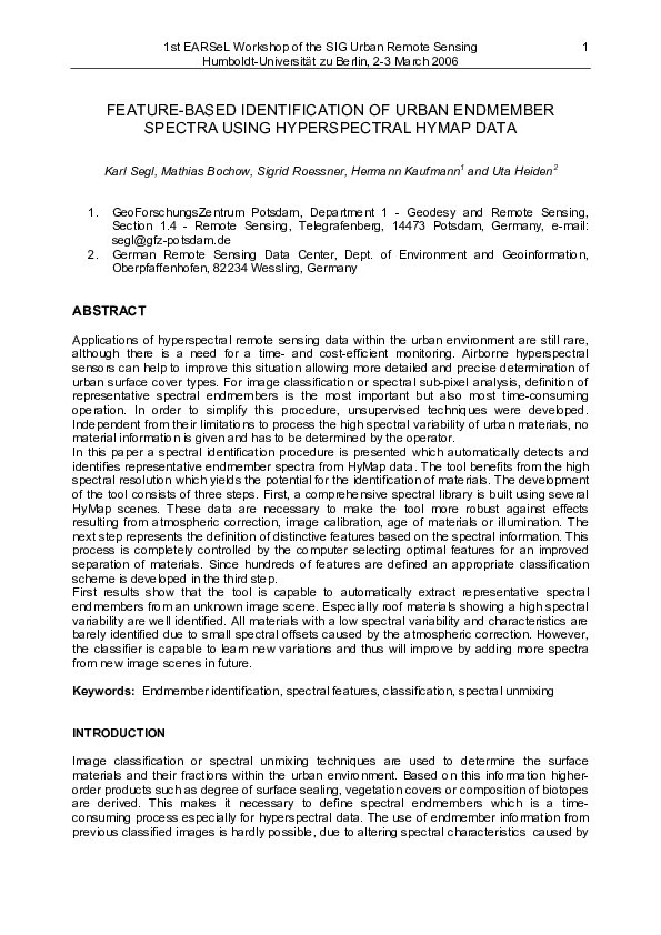 (PDF) 1 Feature-Based Identification of Urban Endmember Spectra Using Hyperspectral Hymap Data