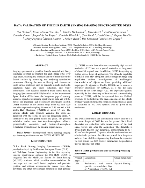 (PDF) Data Validation of the DLR Earth Sensing Imaging Spectrometer DESIS