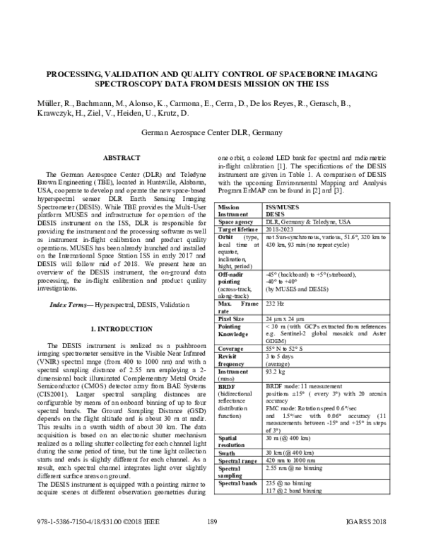 (PDF) Processing, Validation And Quality Control Of Spaceborne Imaging Spectroscopy Data From ...