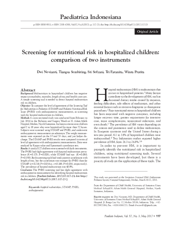 (PDF) Screening for nutritional risk in hospitalized children ...