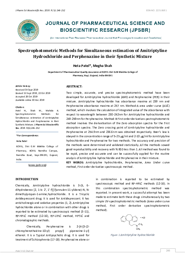 Pdf Spectrophotometric Methods For Simultaneous Estimation Of Amitriptyline Hydrochloride And