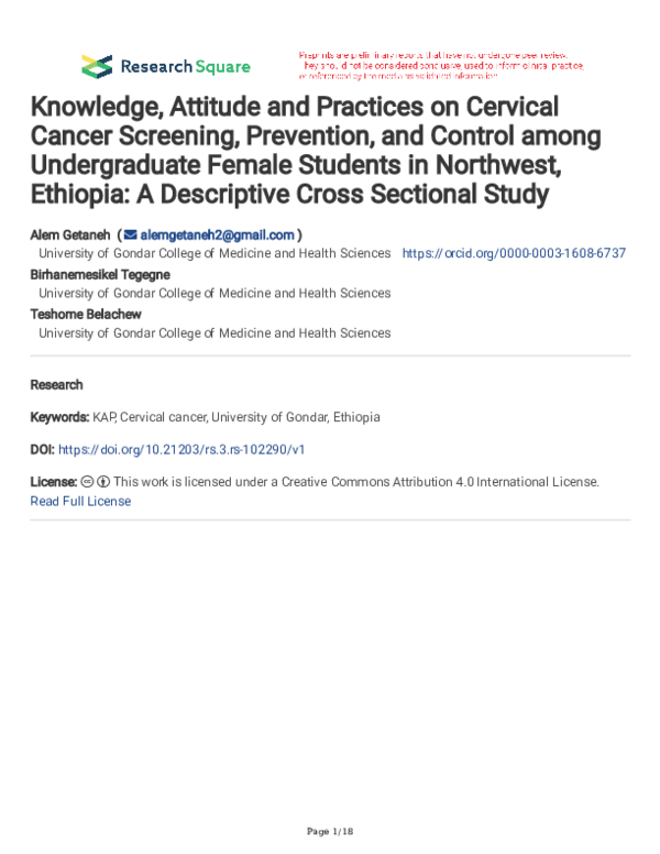 (PDF) Knowledge, Attitude and Practices on Cervical Cancer Screening, Prevention, and Control ...