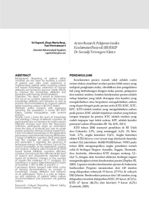 (PDF) Action Research: Pelaporan Insiden Keselamatan Pasien di IBS RSUP ...