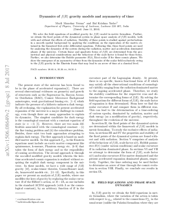 (PDF) Dynamics of f(R) gravity models and asymmetry of time