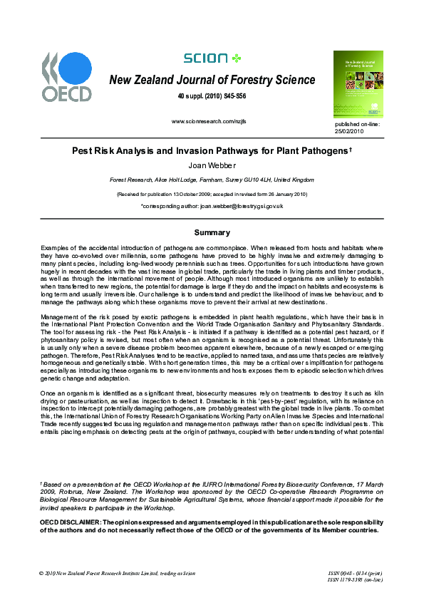 (PDF) Pest risk analysis and invasion pathways for plant pathogens