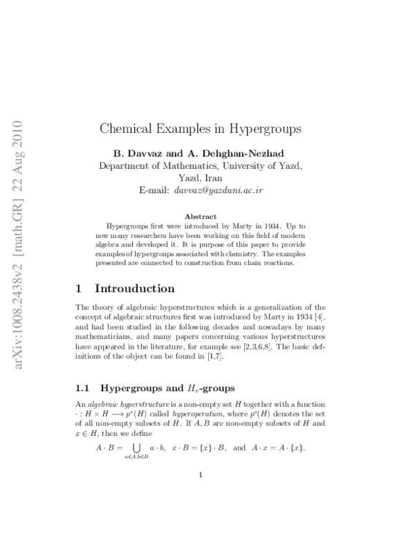 (PDF) Chemical Examples in Hypergroups
