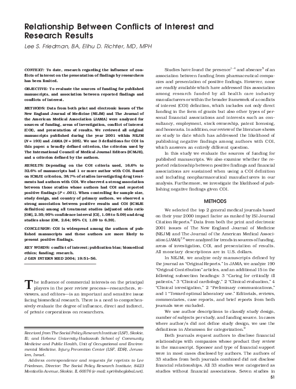 (PDF) Relationship between conflicts of interest and research results