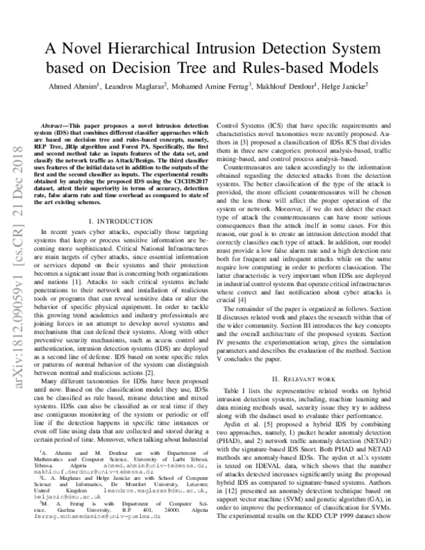 Pdf A Novel Hierarchical Intrusion Detection System Based On Decision Tree And Rules Based Models