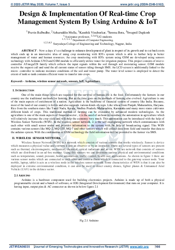 (PDF) Design & Implementation Of Real-time Crop Management System By Using Arduino & IoT
