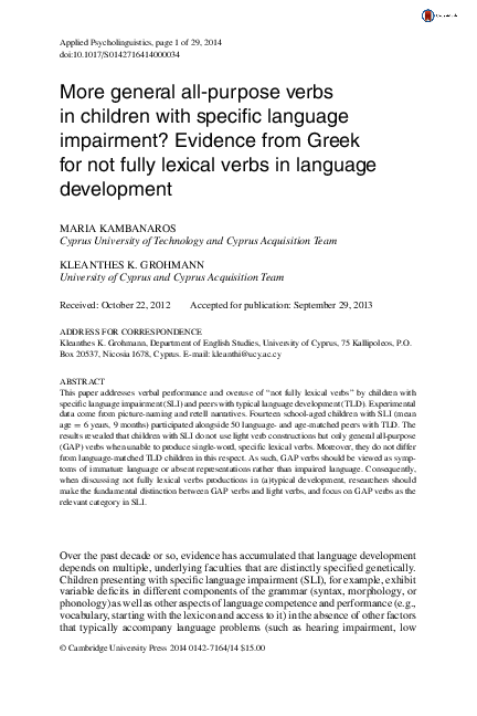 (PDF) More general all-purpose verbs in children with specific language impairment? Evidence ...