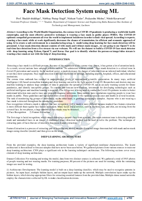 (PDF) Face Mask Detection System using ML