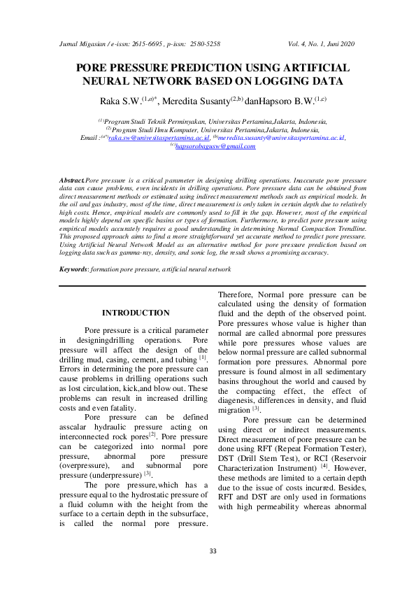 Pdf Pore Pressure Prediction Using Artificial Neural Network Based On Logging Data