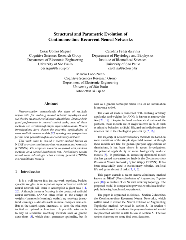 Pdf Structural And Parametric Evolution Of Continuous Time Recurrent Neural Networks