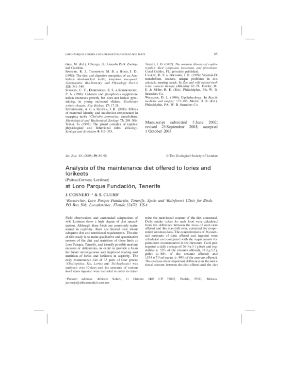 (PDF) Analysis of the maintenance diet offered to lories and lorikeets ...