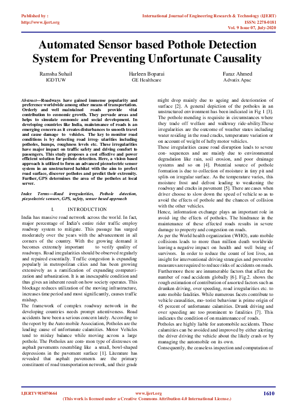 (PDF) Automated Sensor based Pothole Detection System for Preventing Unfortunate Causality
