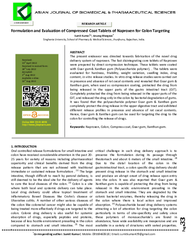 Pdf Formulation And Evaluation Of Compressed Coat Tablets Of Naproxen For Colon Targeting