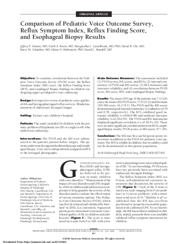(PDF) Comparison of Pediatric Voice Outcome Survey, Reflux Symptom ...