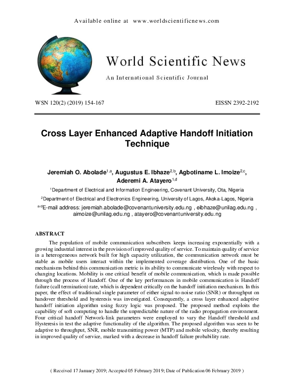 (PDF) Cross Layer Enhanced Adaptive Handoff Initiation Technique